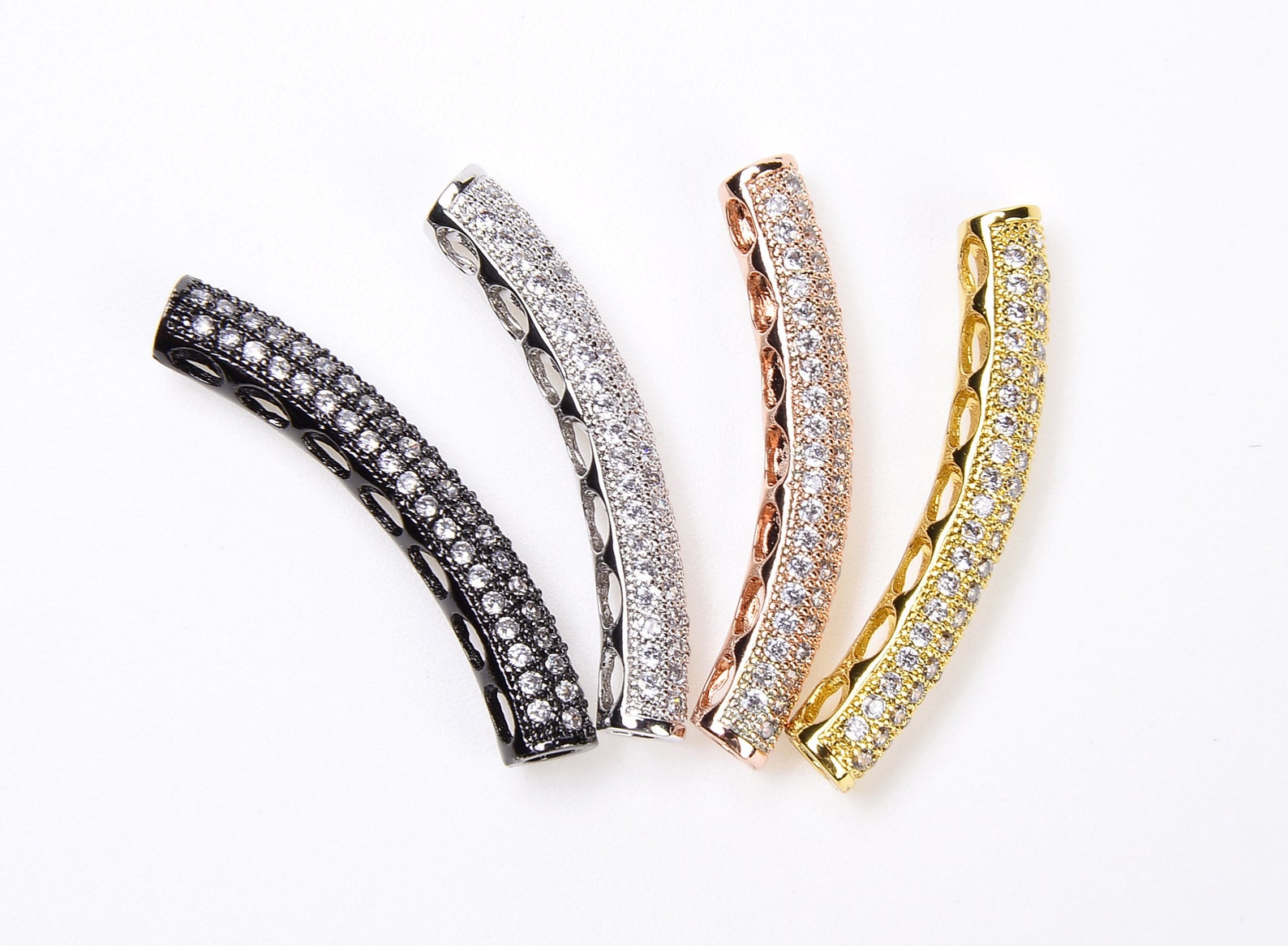 18K Gold Micro Pave Curve Tube Bead, CZ Micro Pave Long Curve Tube for ...
