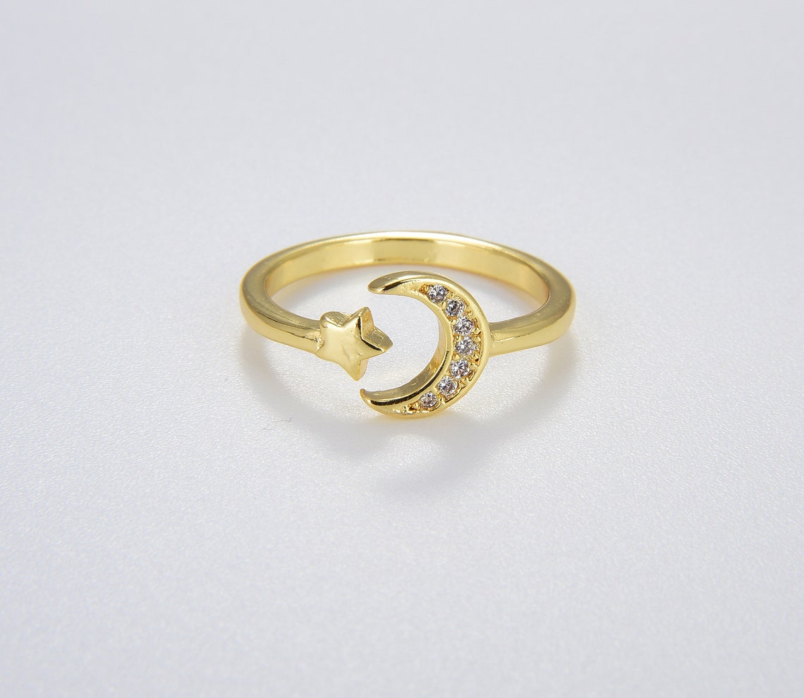 Open Moon & Star Ring Gold Filled, Adjustable Cubic Moon Ring ...