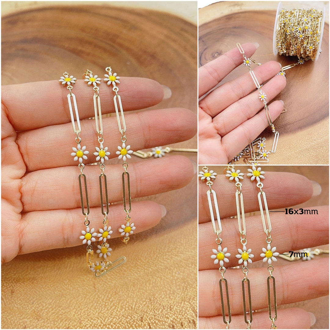 Daisy Flower Enamel Chain by Yard, Gold Filled Elongated Unique ...