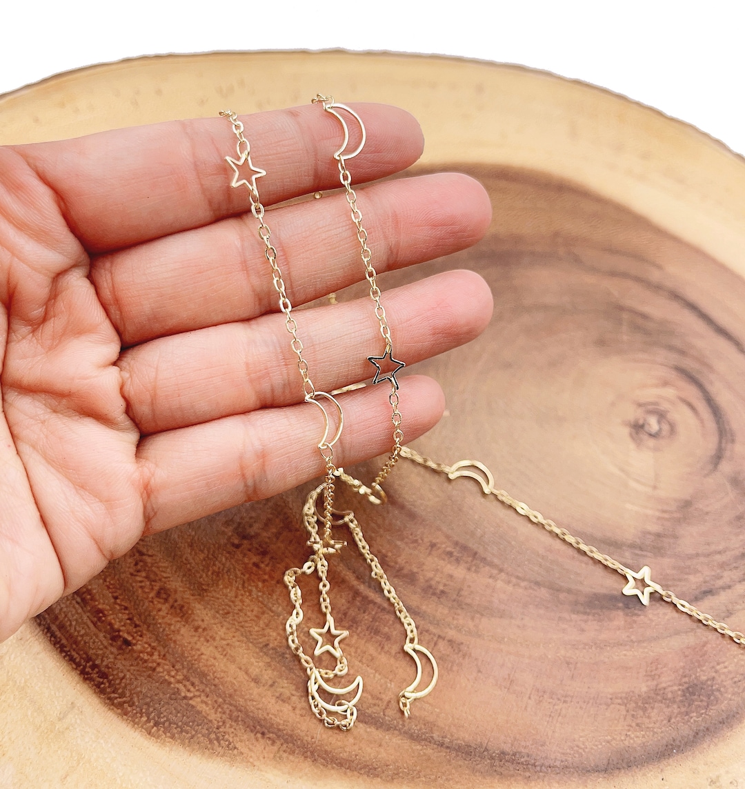 Gold Star and Moon Chain, 14K Gold Filled Star and Crescent Moon Chain ...