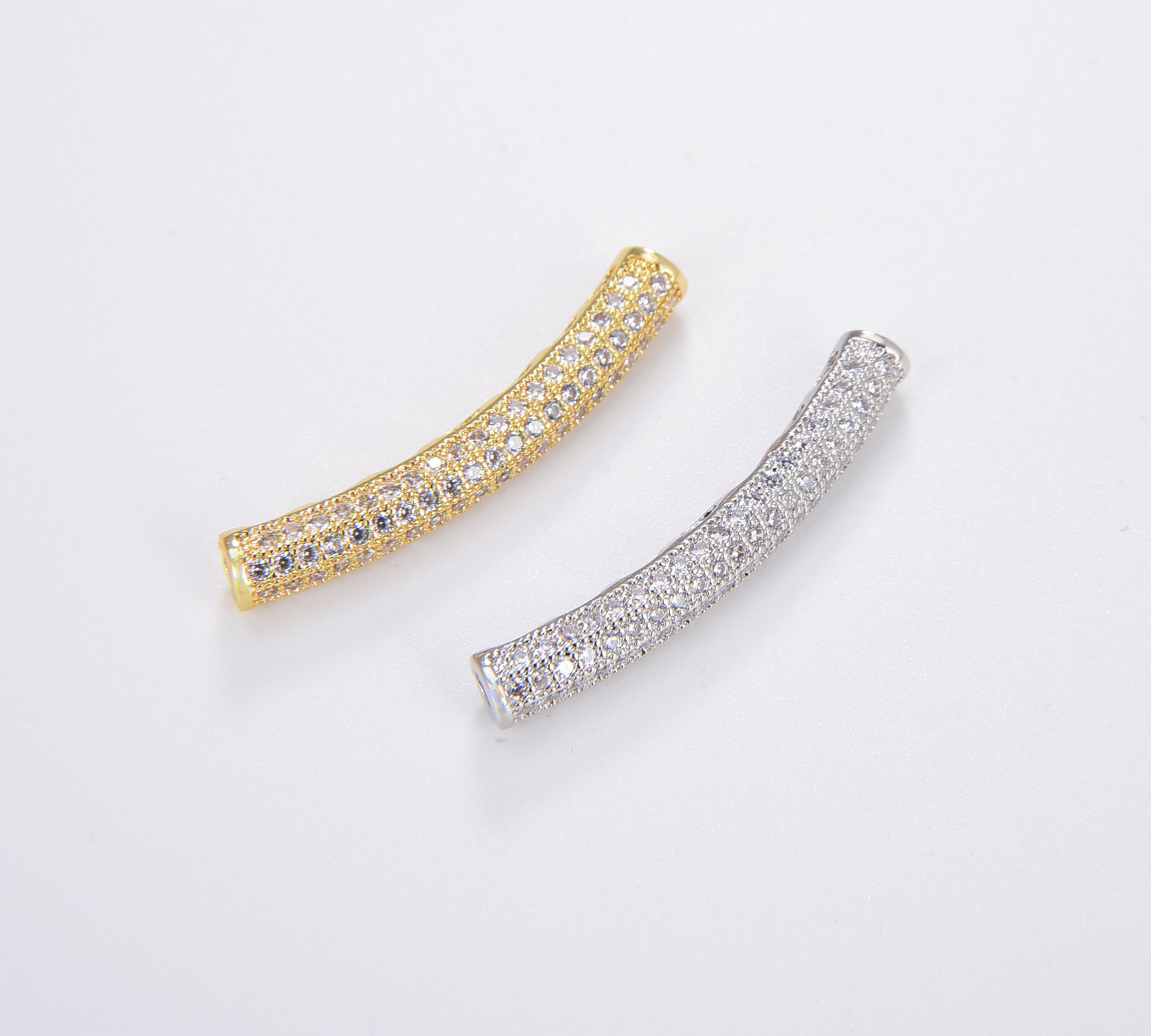 18K Gold Micro Pave Curve Tube Bead, CZ Micro Pave Long Curve Tube for ...
