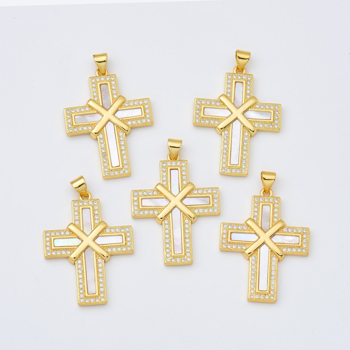 Baptism Cross Add-on Charm With CZ Micro Pave, Gold Filled Pearl Shell ...