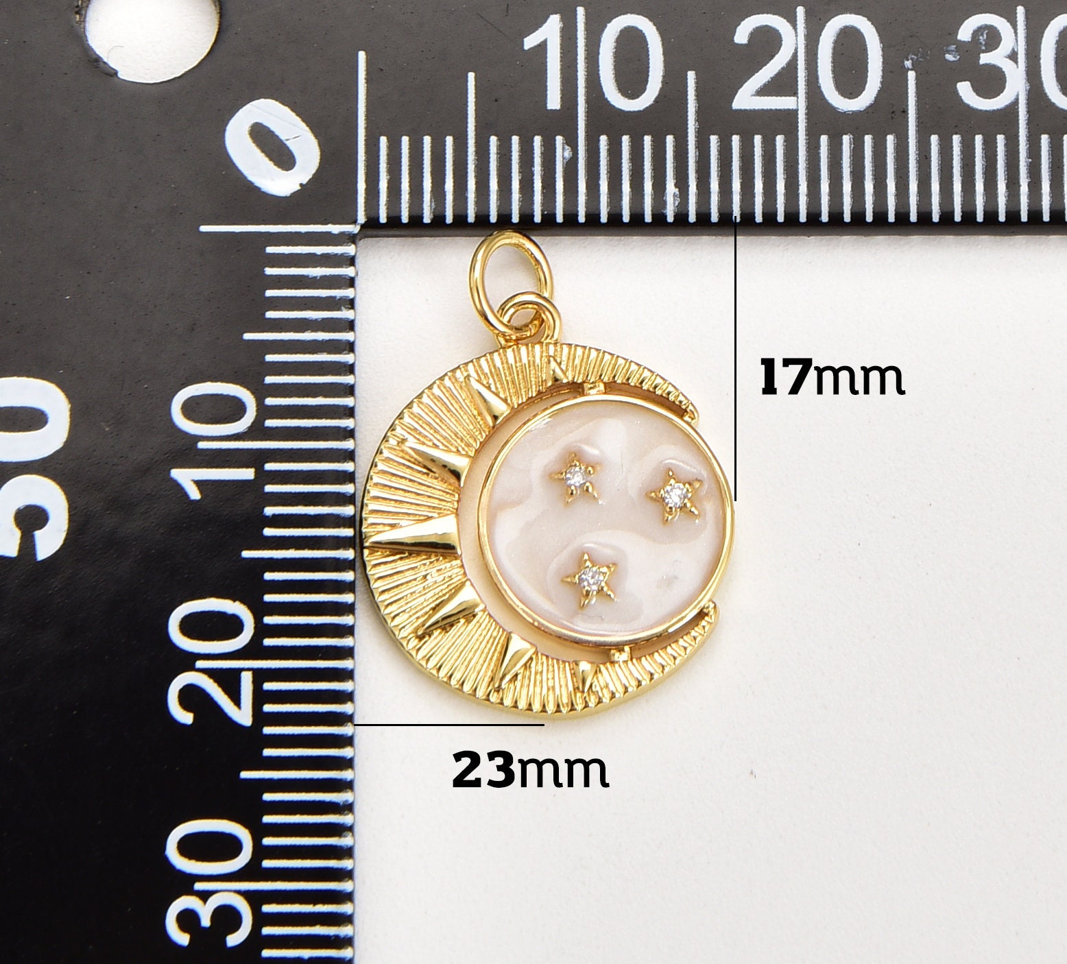 Dainty Celestial Charm, Round Disc Coin Charm, Gold White Enamel Charms, Celestial Sun Crescent ...
