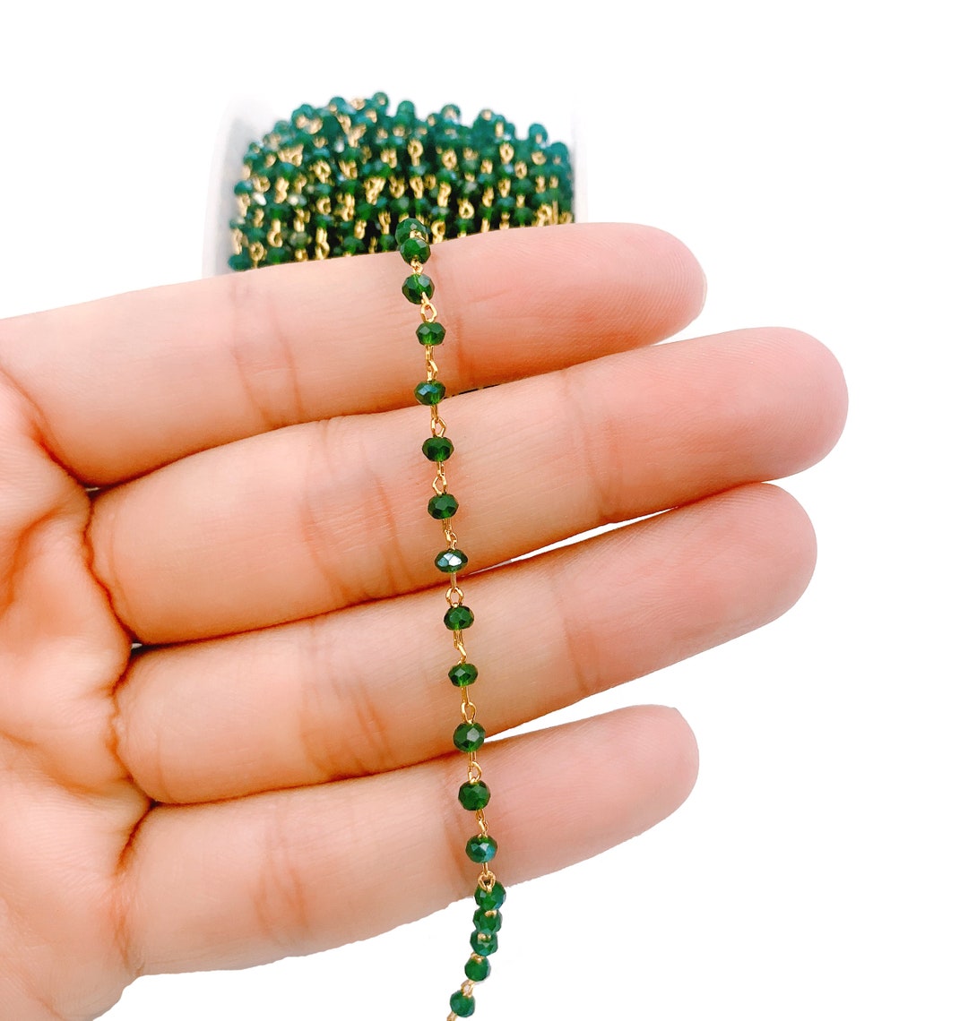 Green Crystal Beaded Chain, Emerald Crystal Beads Rosary Necklace , 18K ...