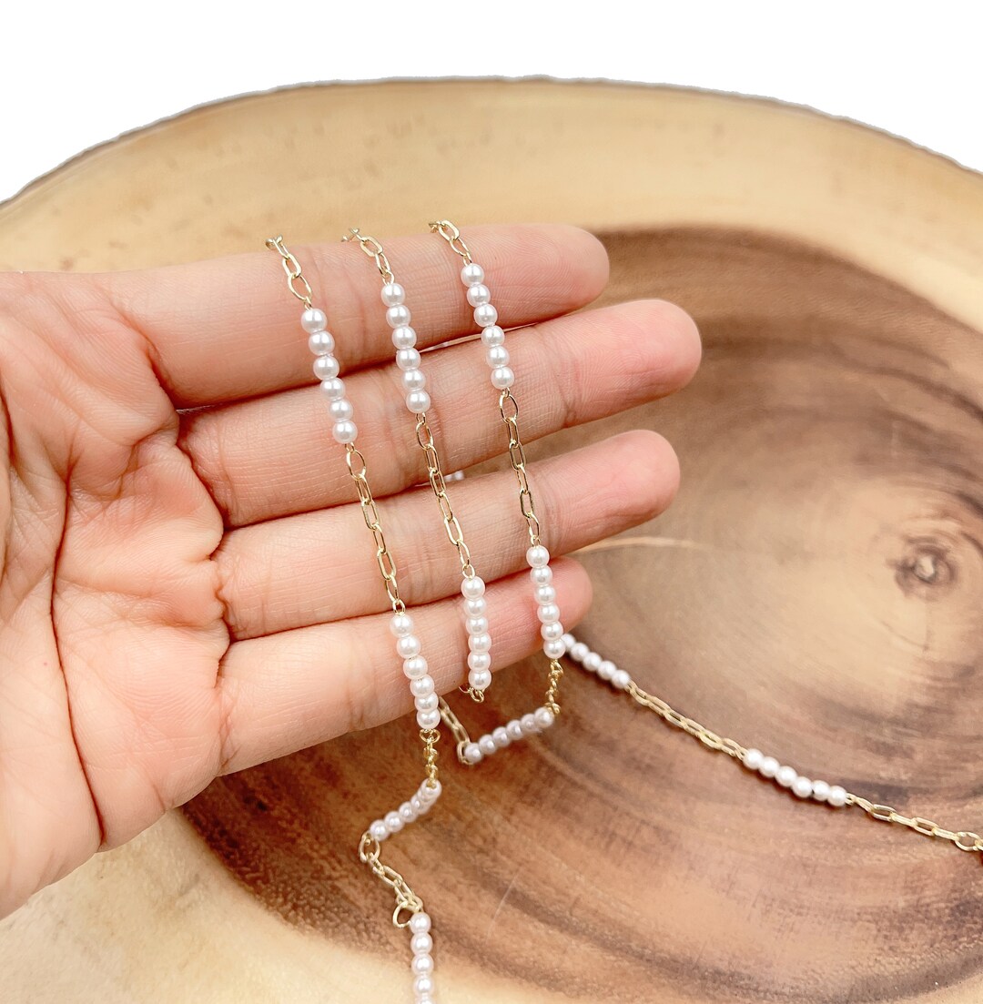 White Pearl Chain by Yard, Gold Plated Mother of Pearl Link Chain by ...