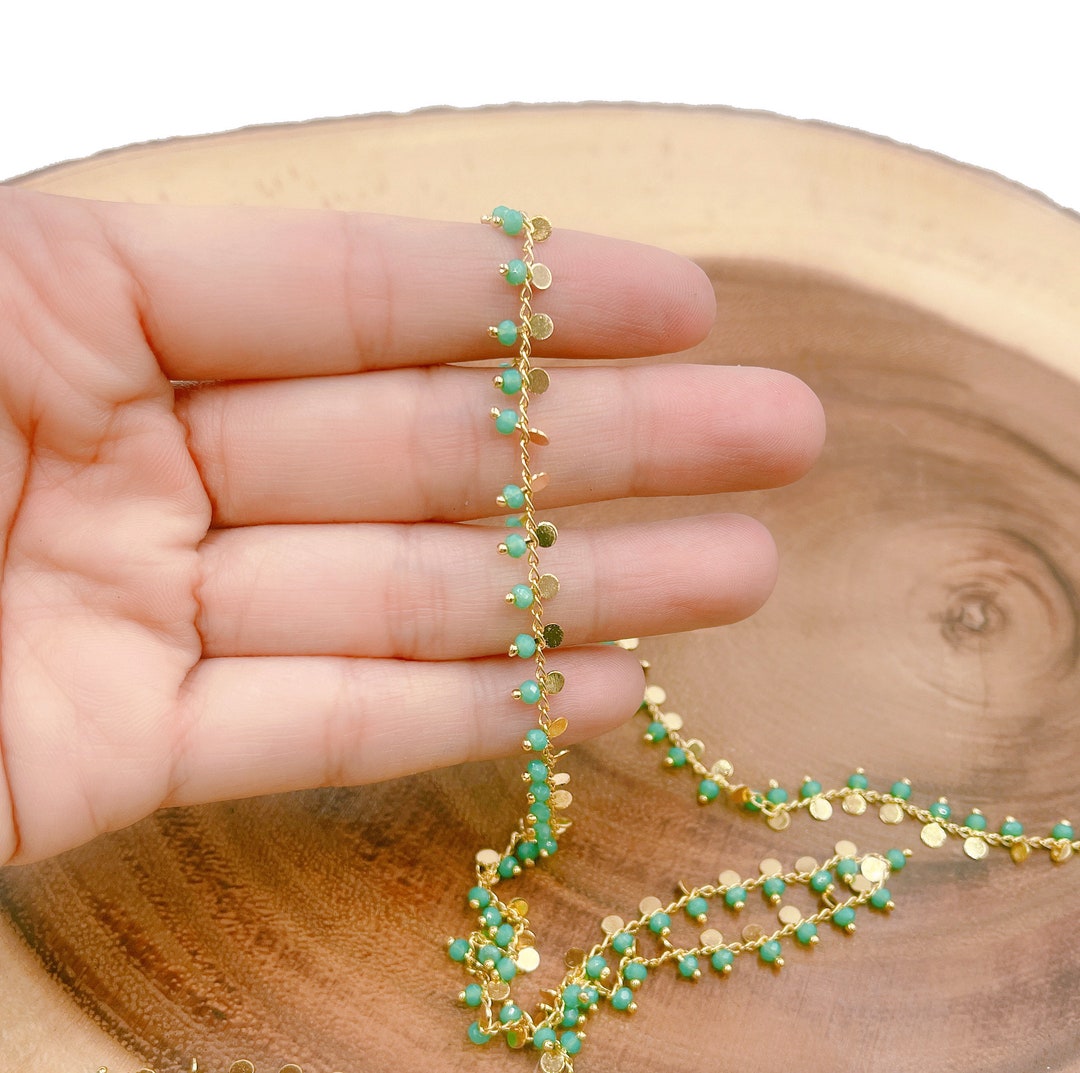 Turquoise Crystal Beaded Chain by Yard, Gold Chain for Jewelry Making ...