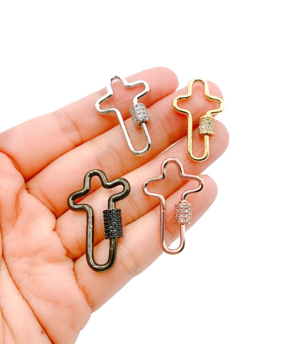 Cross Carabiner Screw Clasp Extender, Cross Pendant CZ Micro Pave Gold ...