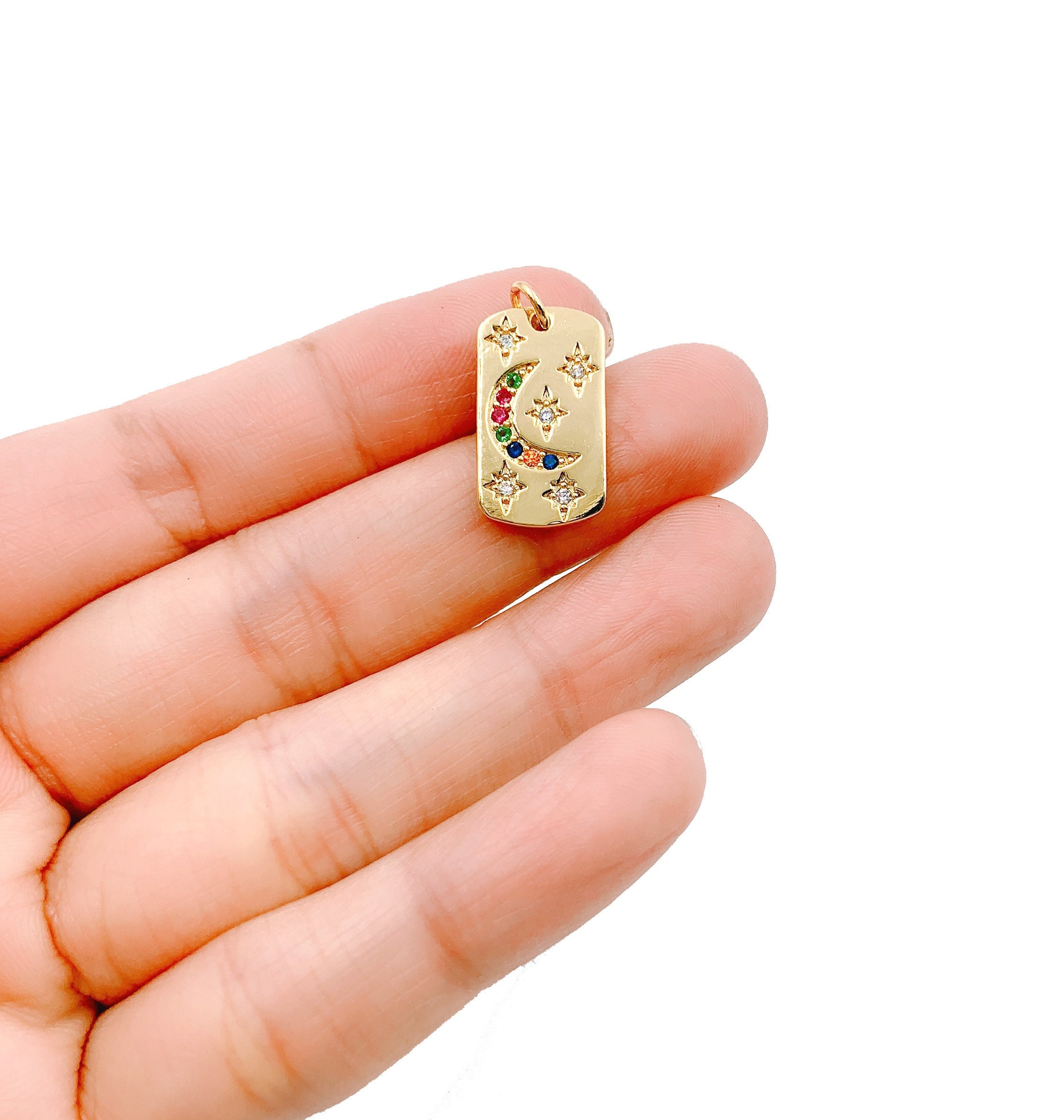 Crescent Moon in Tag Add-on Charm in Gold Filled, Clear & Multicolor CZ ...