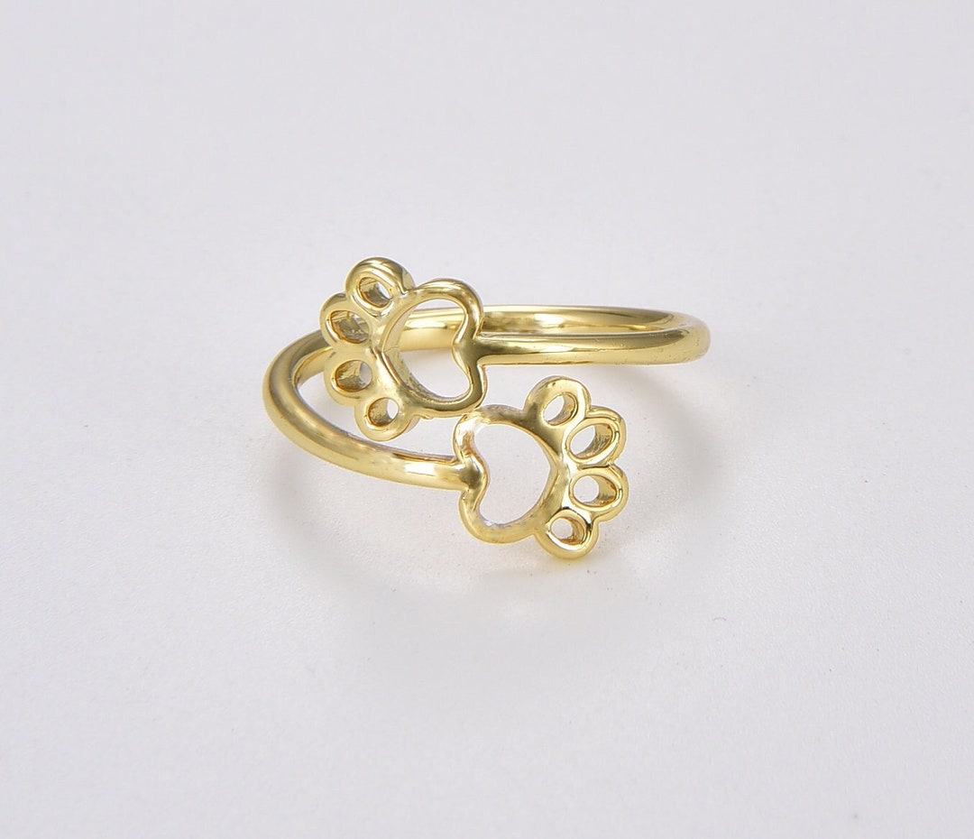 Double Paw Print Ring, Open Adjustable Ring, Dainty Gold Filled Dog Paw ...