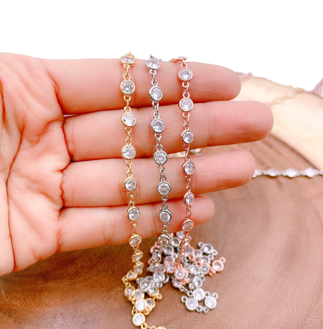 Round Cut Diamond Bezel Chain by Yard, Gold Station Necklace Diamond by ...