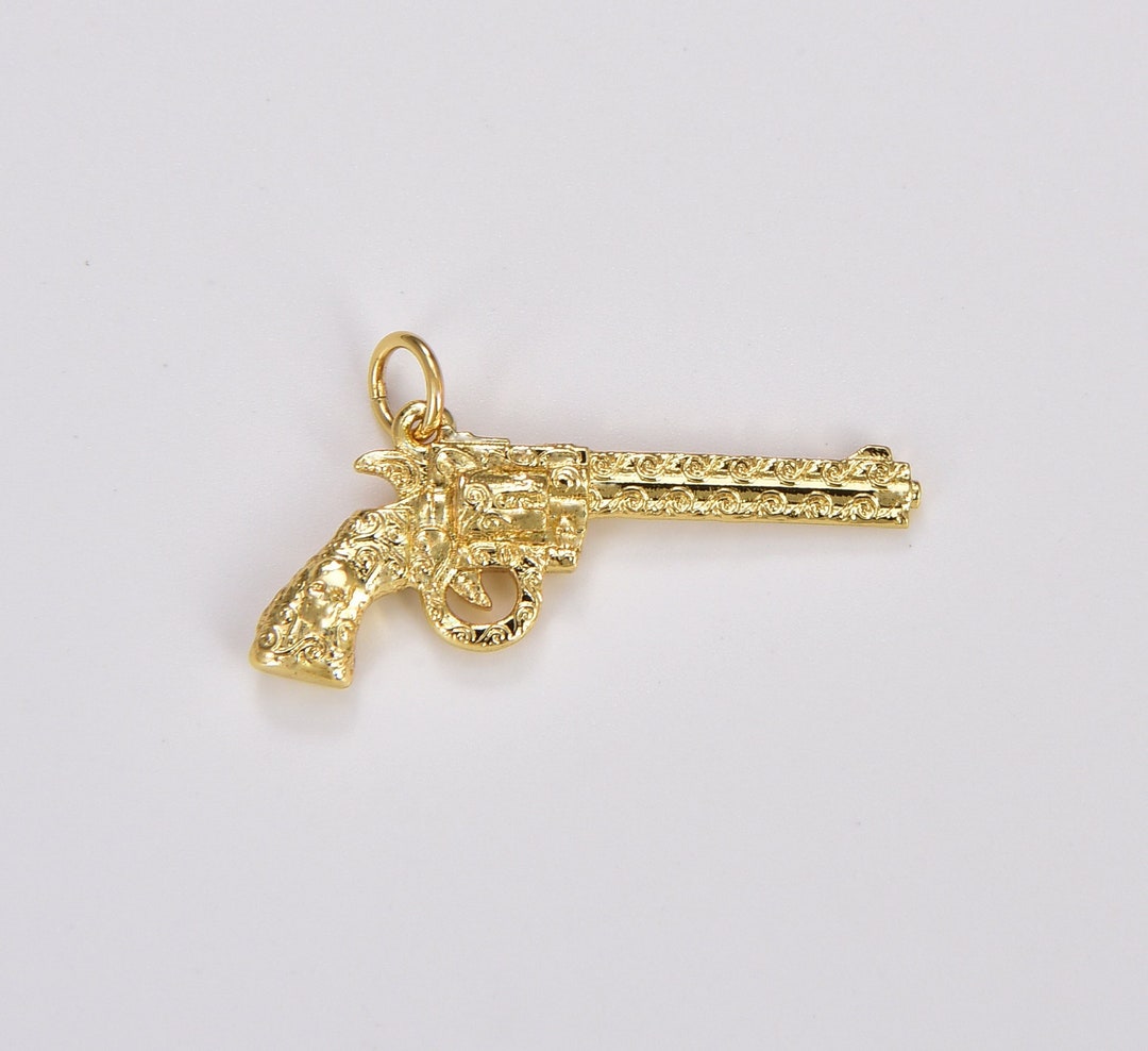 Revolver Pistol Gun Charm, Wave Curls Patterns Pendant, Gold Filled Gun ...