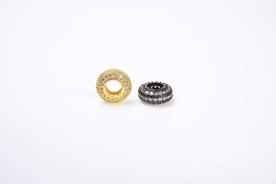 CZ Micro Pave Rondelle Big Hole Spacer Beads, Flat Round Spacer Beads ...