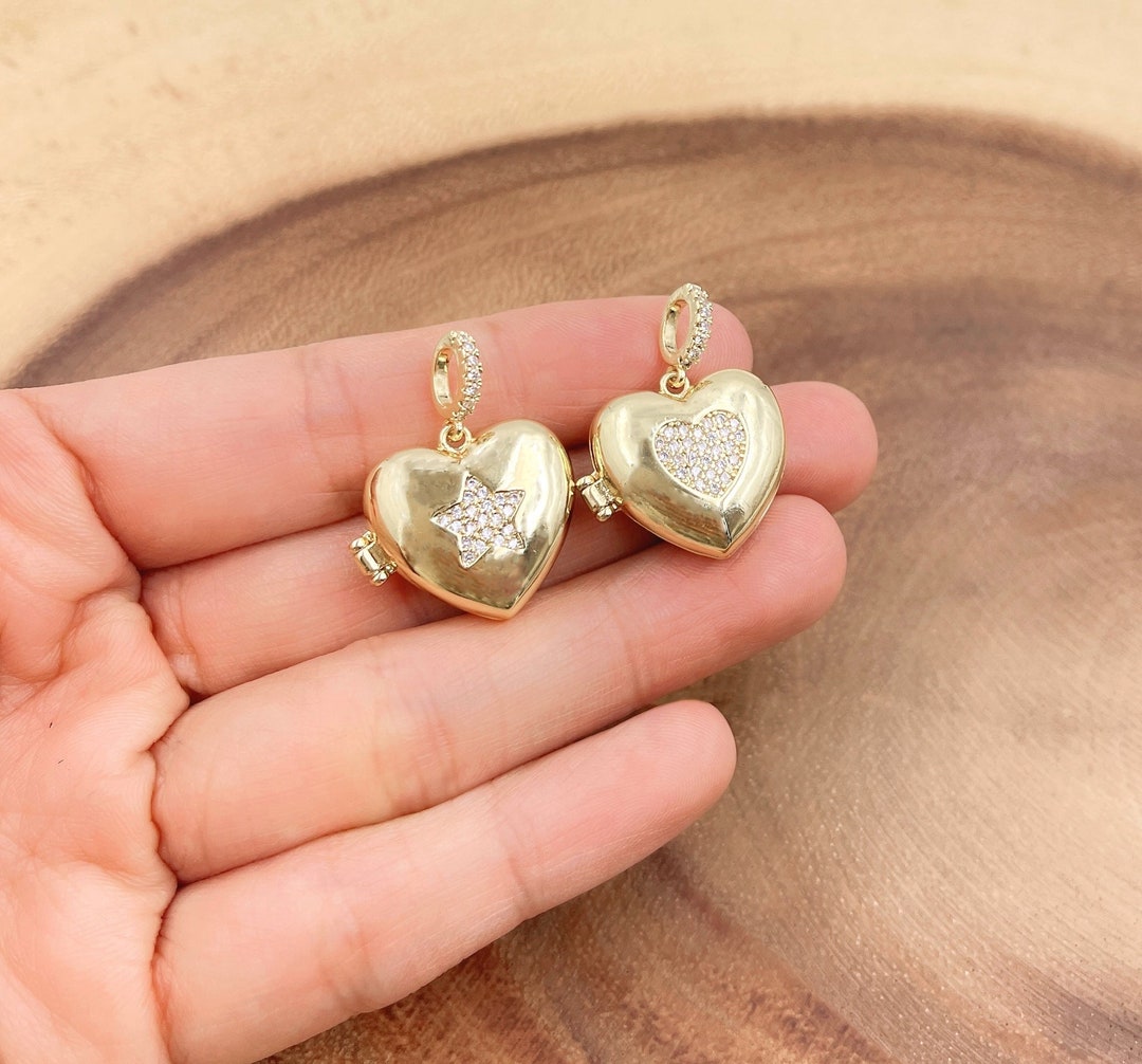 Dainty Puff Heart/star Locket Charm, Gold Filled Locket Heart With Star ...
