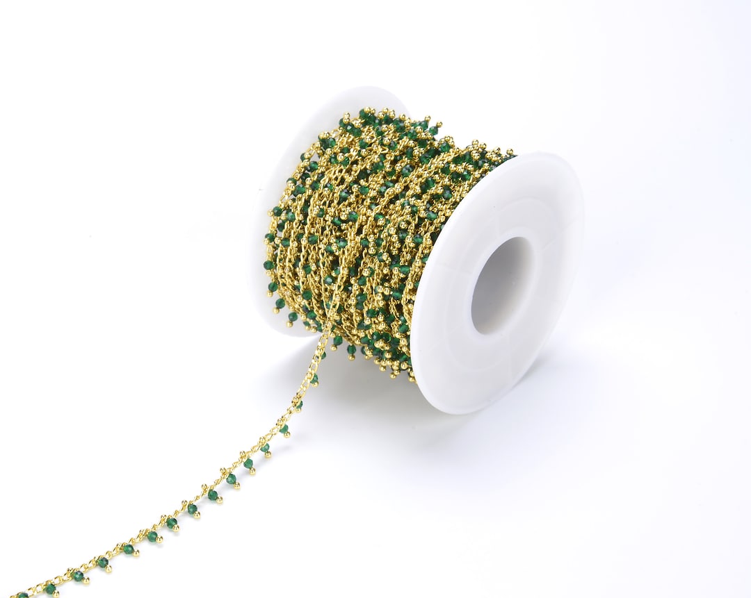 Emerald Green Olive Crystal Beaded Chain Gold Filled, Handmade Beaded ...