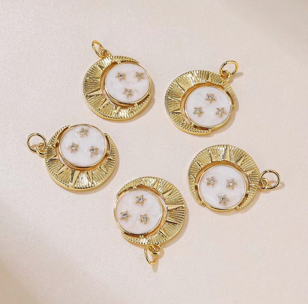 Dainty Celestial Charm, Round Disc Coin Charm, Gold White Enamel Charms, Celestial Sun Crescent ...