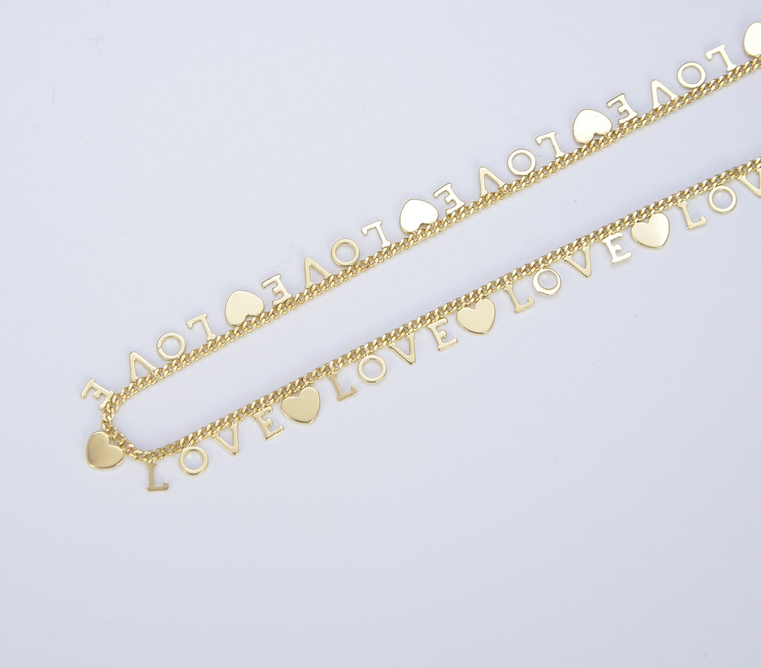 Gold LOVE Curb Chain by Yard, Gold Lovely Heart Charm Chain by Foot ...