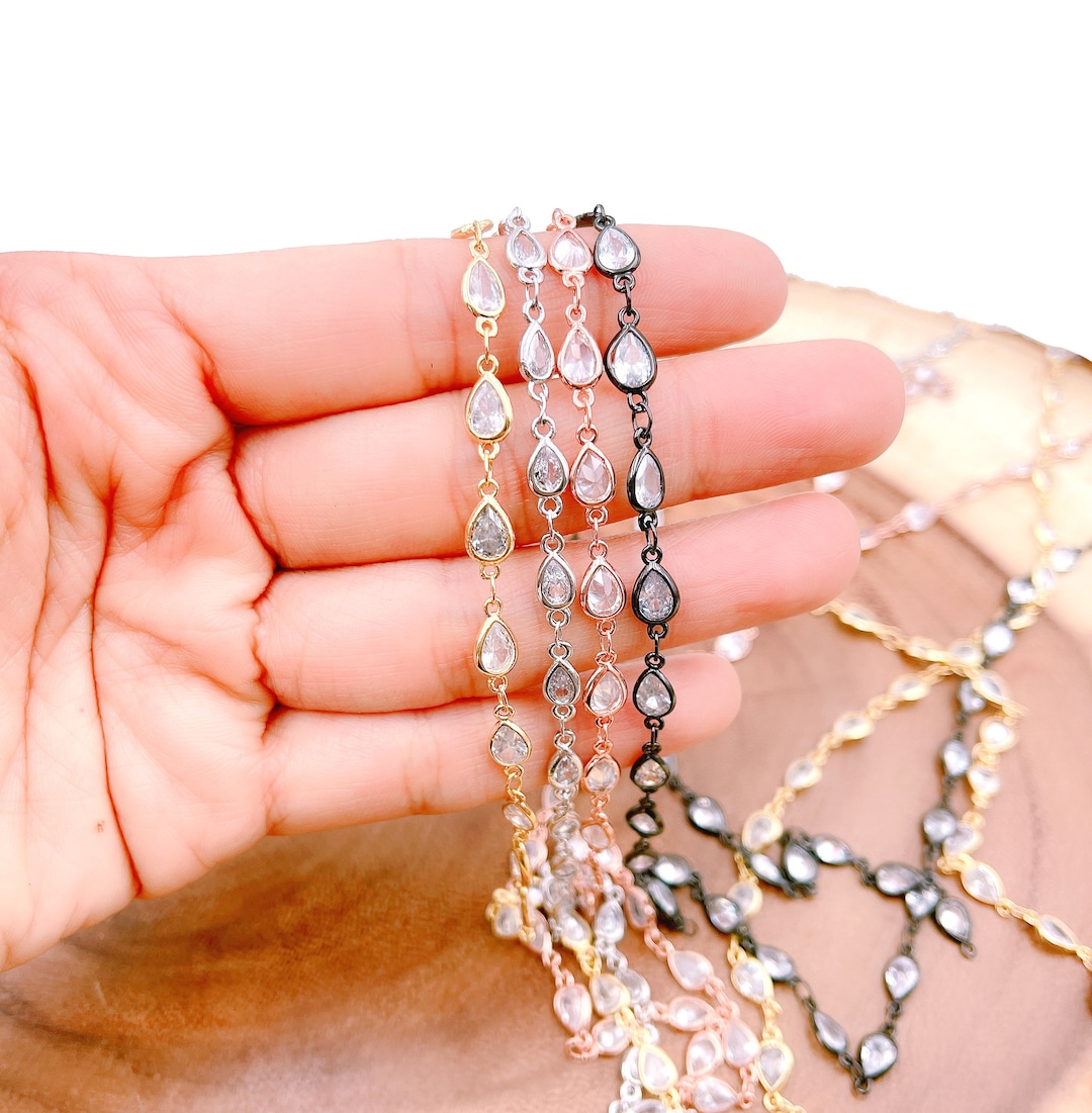 Tear Drop Cubic Zirconia Chains by Foot, Dainty Tear Drop Bezel Chain ...