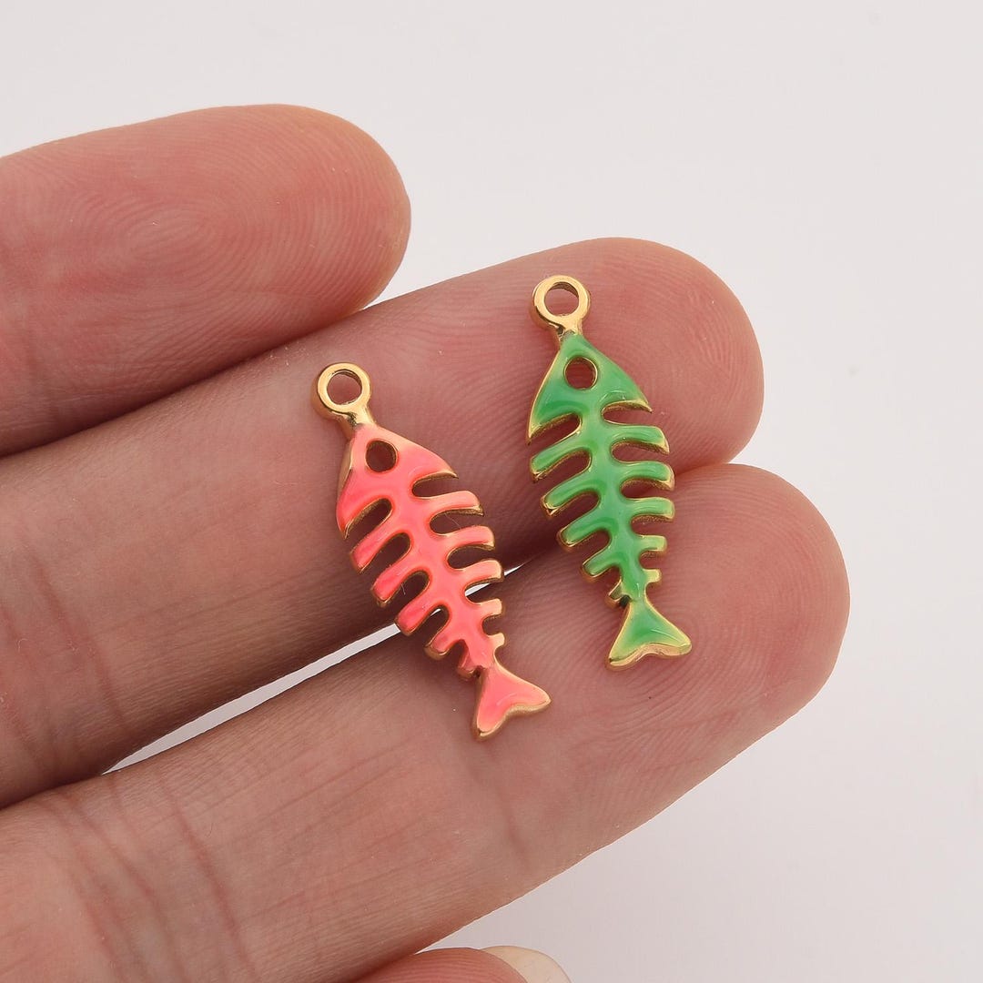 Enamel Fish Bone Charm in Gold Filled, Stainless Steel Skeleton ...