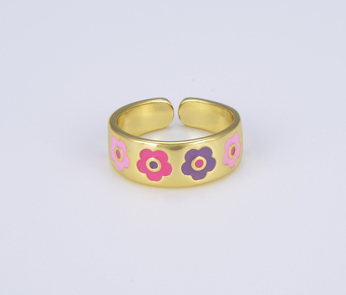 Flower Ring in Gold Filled, Dainty Adjustable Ring, Open Ring, Colorful ...