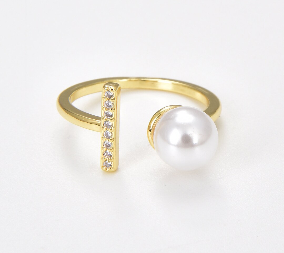 Pearl and Bar Ring, Gold Filled Adjustable Ring, Stackable Bar Ring, Minimalist Ball Ring ...