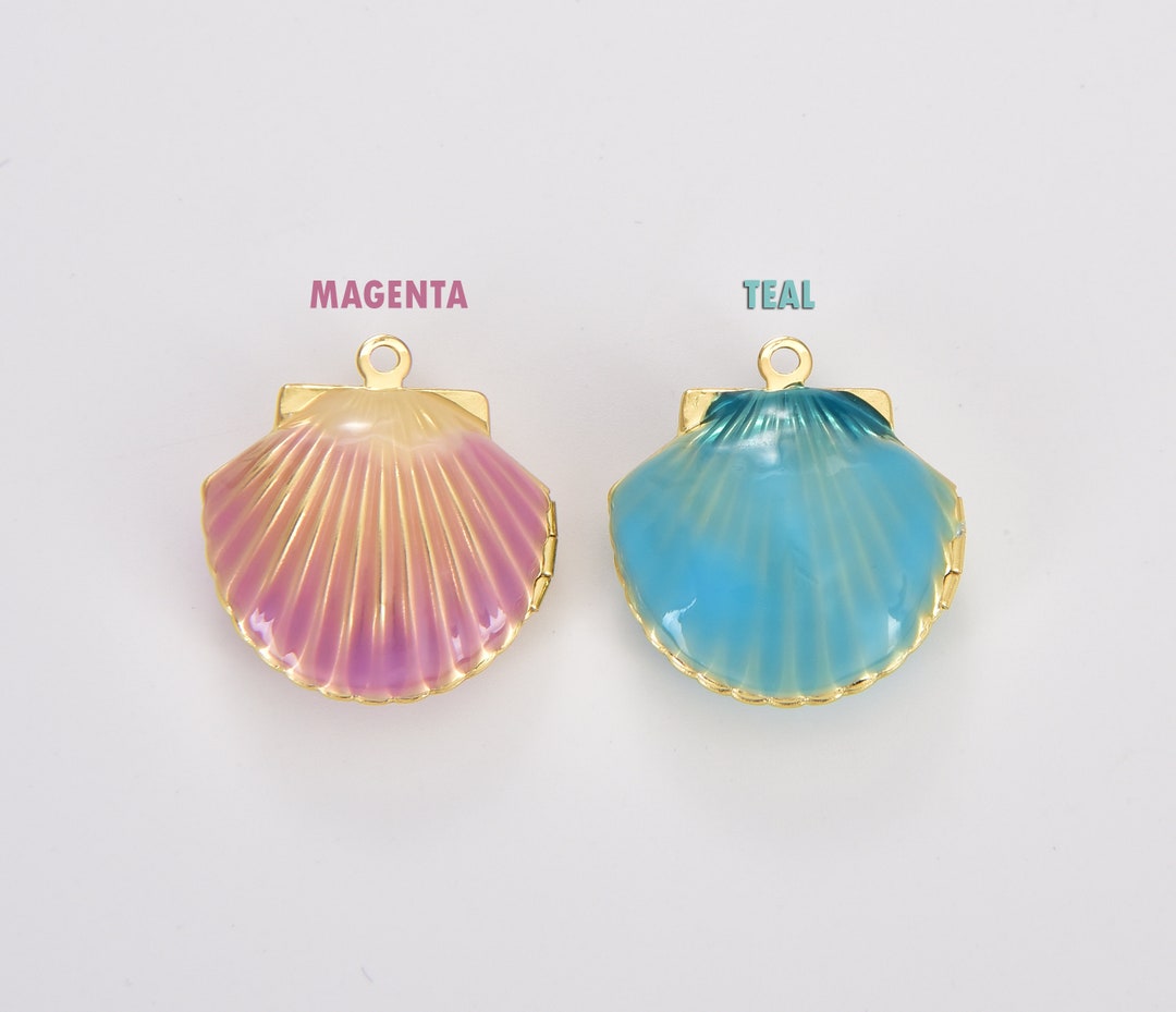 Dainty Teal and Magenta Openable Clam Shell Locket Charm Pendant, Gold ...