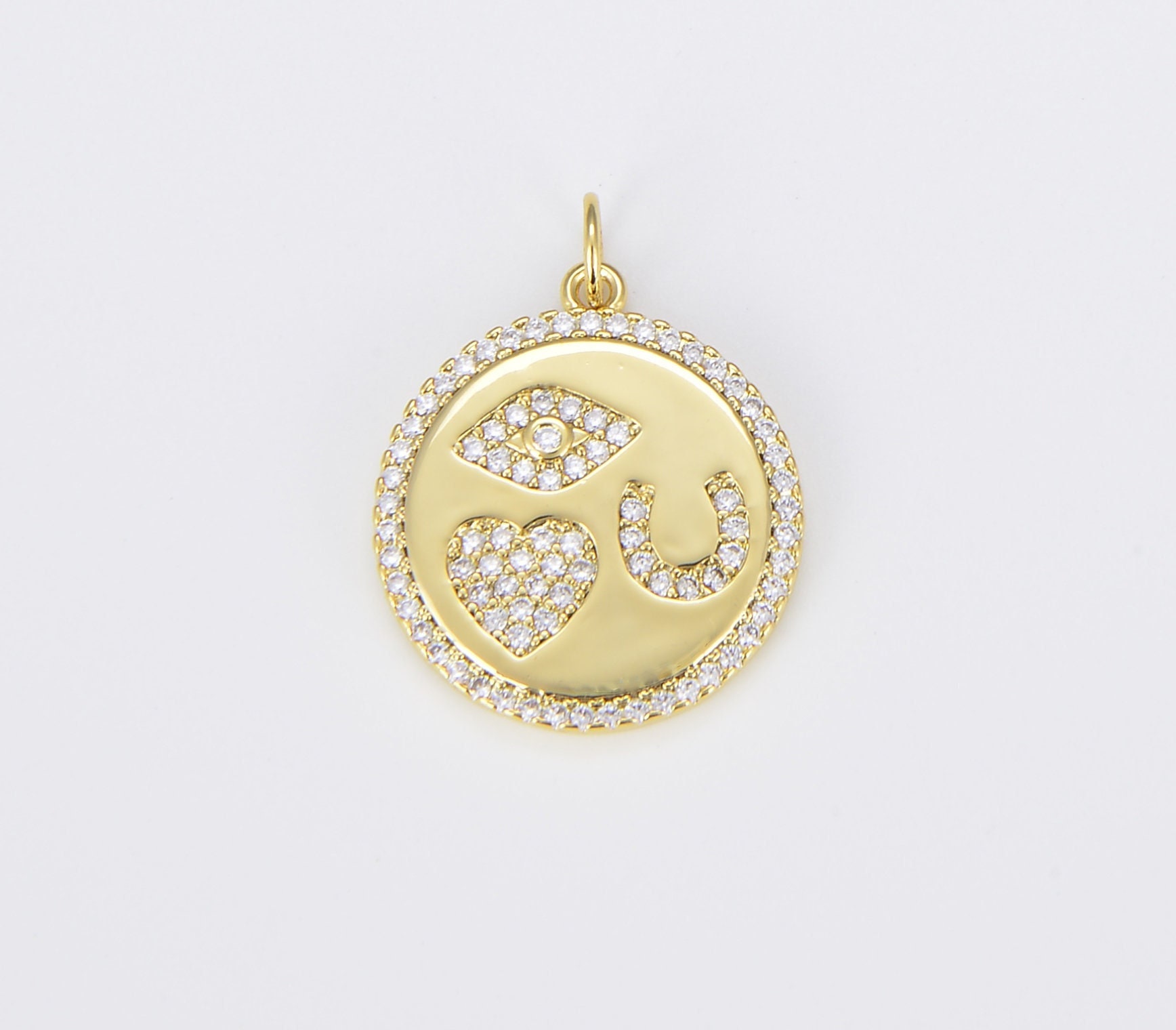 Good Luck Medallion Add-on Charm for Bracelet, Elegant Heart Pendant CZ ...