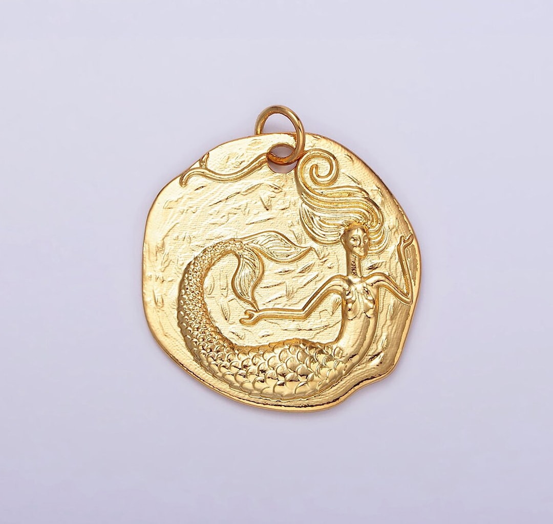 Ocean Mermaid Textured Round Charm Pendant, Gold Filled Coin Mythical ...
