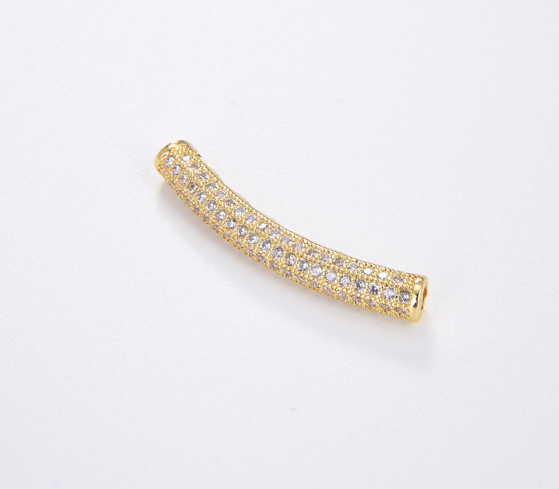 18K Gold Micro Pave Curve Tube Bead, CZ Micro Pave Long Curve Tube for ...