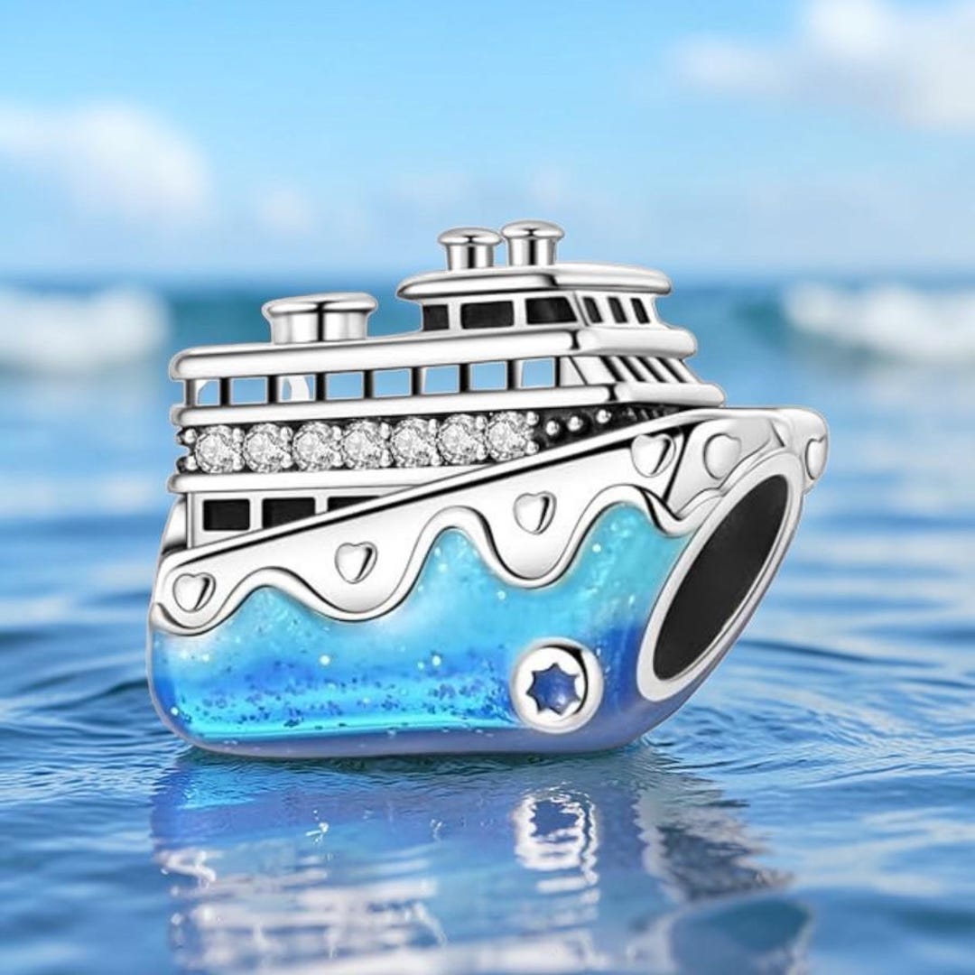 Cruise Ship Charm Bead, Blue Enamel Ocean Waves, Silver-tone Nautical ...