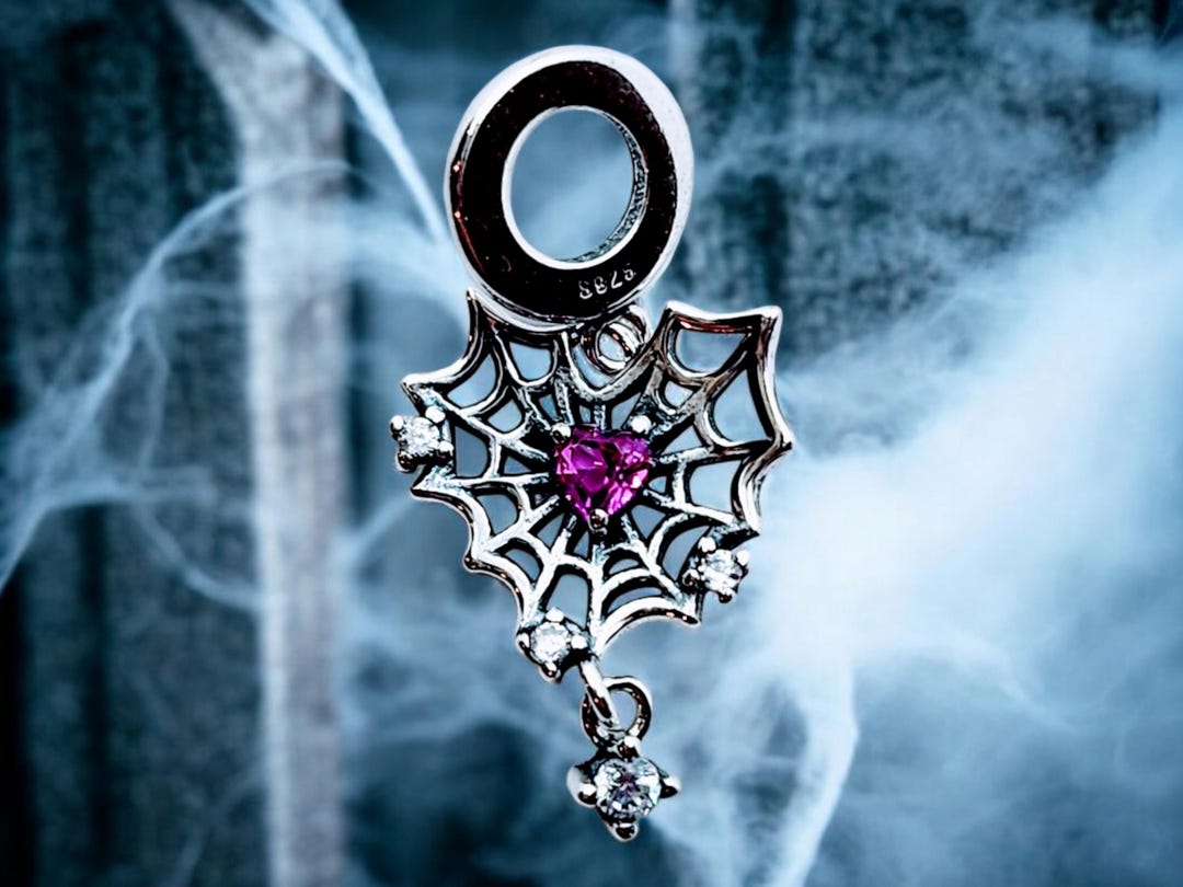 Sterling Silver Heart Spider Web Charm: Pink Crystal Center - Etsy