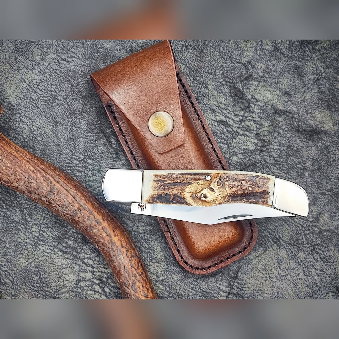 Carved Antler-handled Handmade Pocket Knife, in Hand-stitched Leather ...