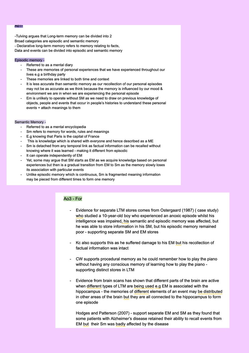 Edexcel A-level Psychology Revision Notes for Cognitive Psychology - Etsy