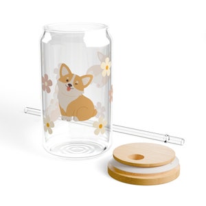 Corgi Daisy Drinking Glass With Lid and Straw, 16oz Cup, Water Bottle ...