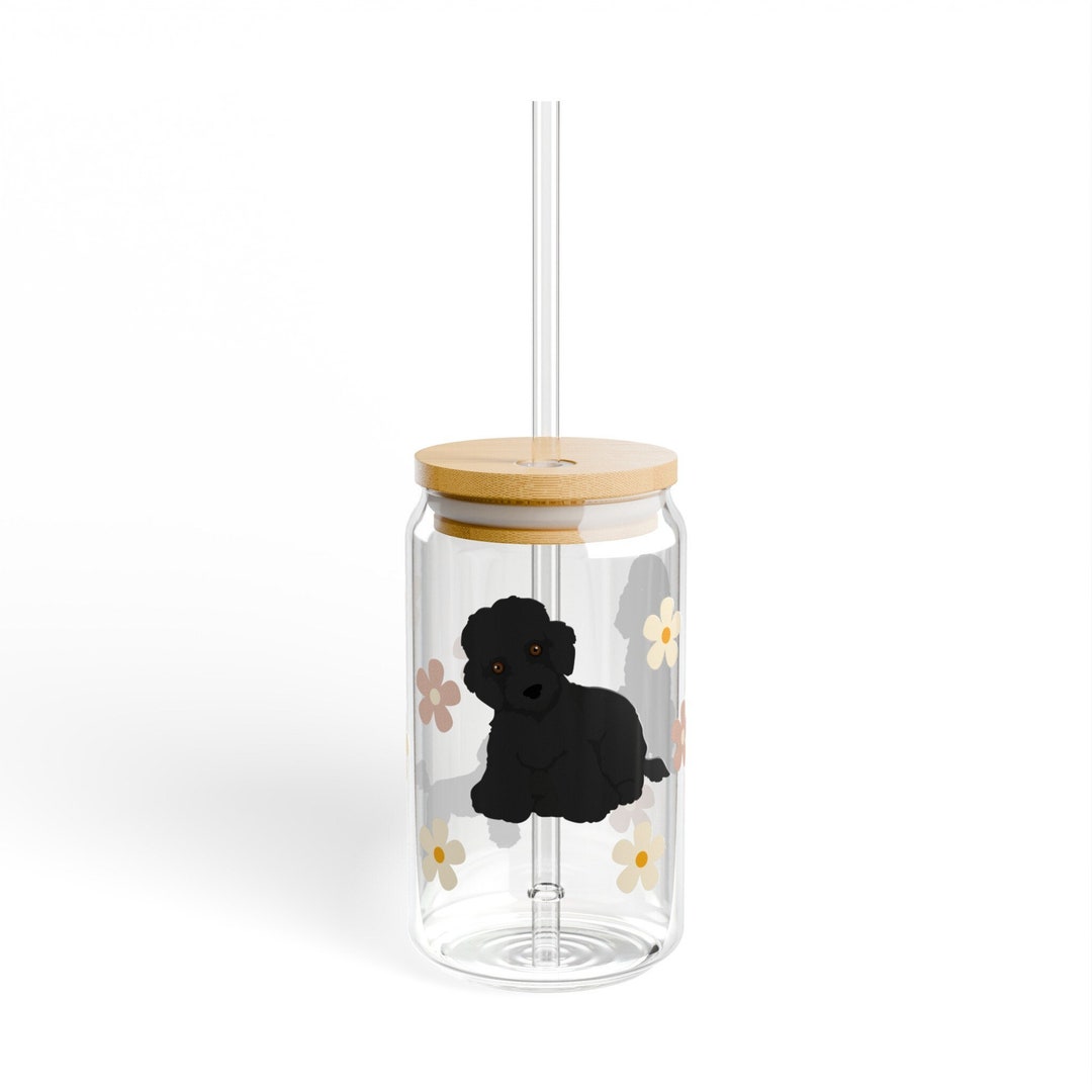 Black Poodle Daisy Drinking Glass With Lid and Straw, 16oz Cup, Water ...