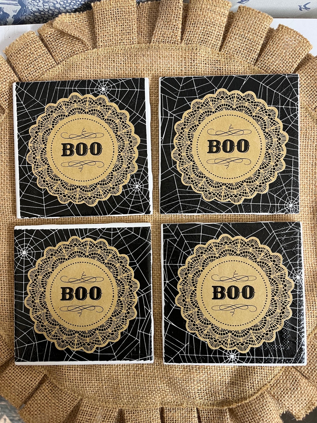 Halloween Boo Spider Web Tile Coasters, Home Decor - Etsy