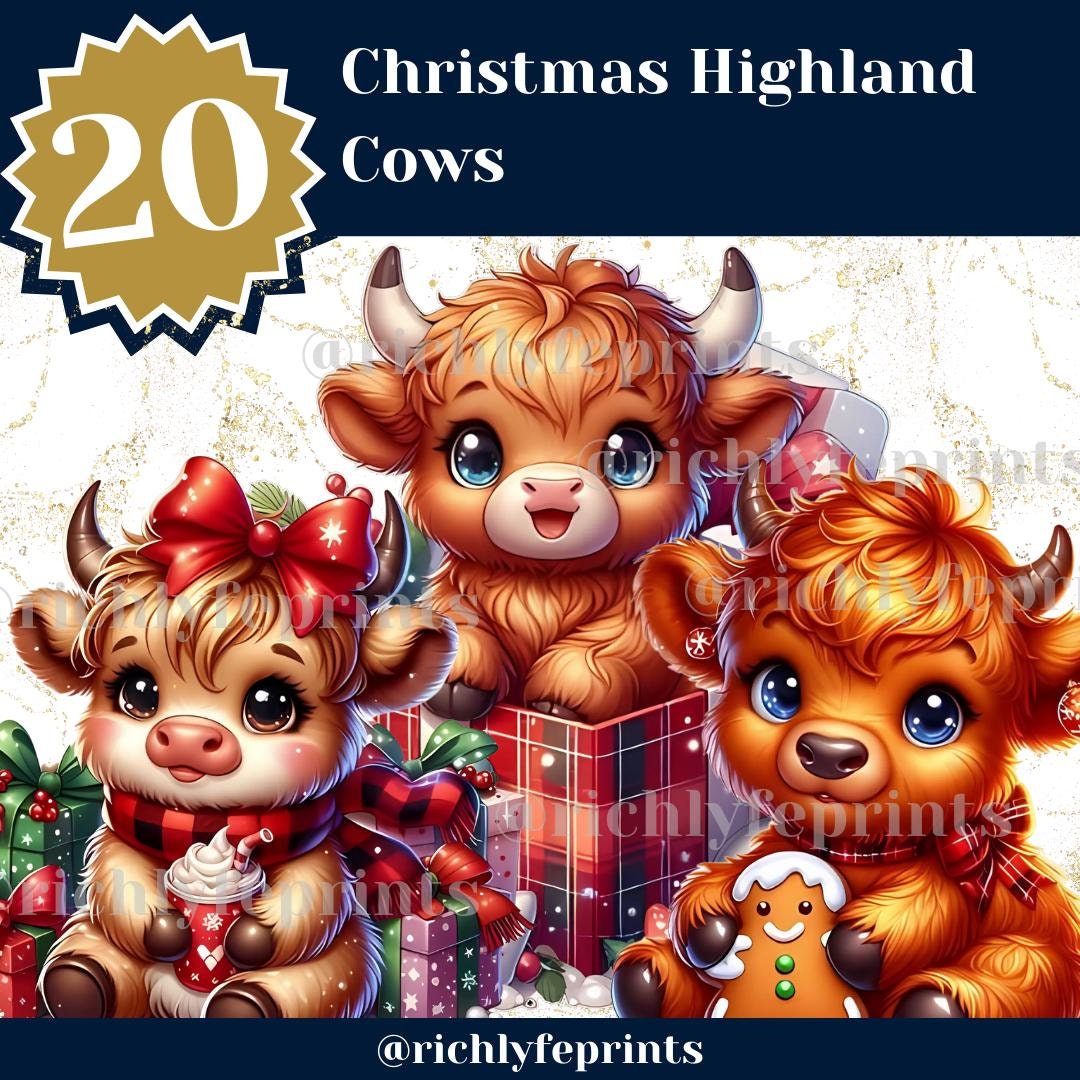 20 Christmas Highland Cows Clipart, Christmas Highland Cow Graphics ...