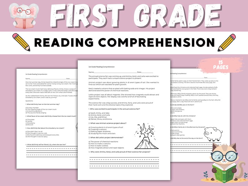 1st Grade Reading Comprehension Bundle 15 Pages + Bonus Sight Word ...