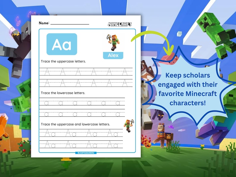 Minecraft Roblox Kindergarten Pre-k Letter Tracing Activity Sheets Fun ...