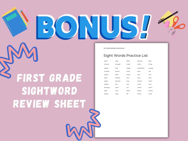 1st Grade Reading Comprehension Bundle 15 Pages + Bonus Sight Word ...