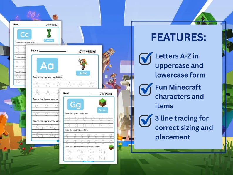 Minecraft Roblox Kindergarten Pre-k Letter Tracing Activity Sheets Fun ...
