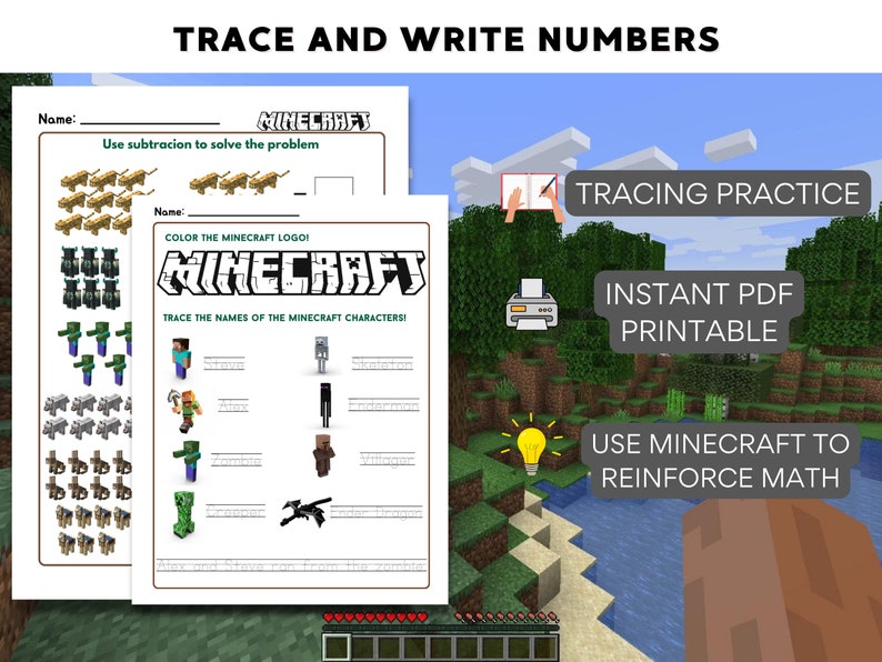Kindergarten Minecraft Tracing and Math Activity Bundle - Etsy Australia