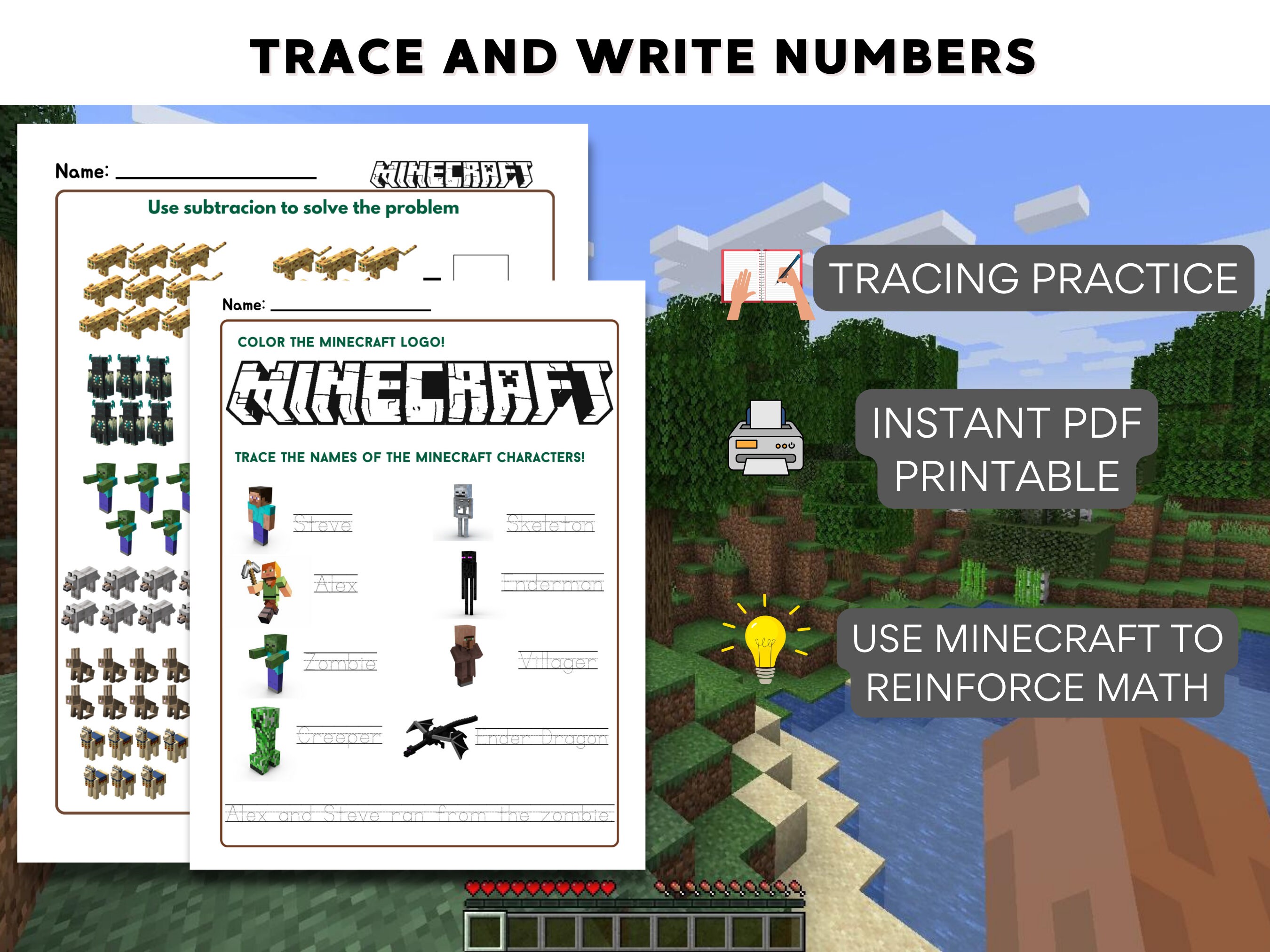 Kindergarten Minecraft Tracing and Math Activity Bundle - Etsy