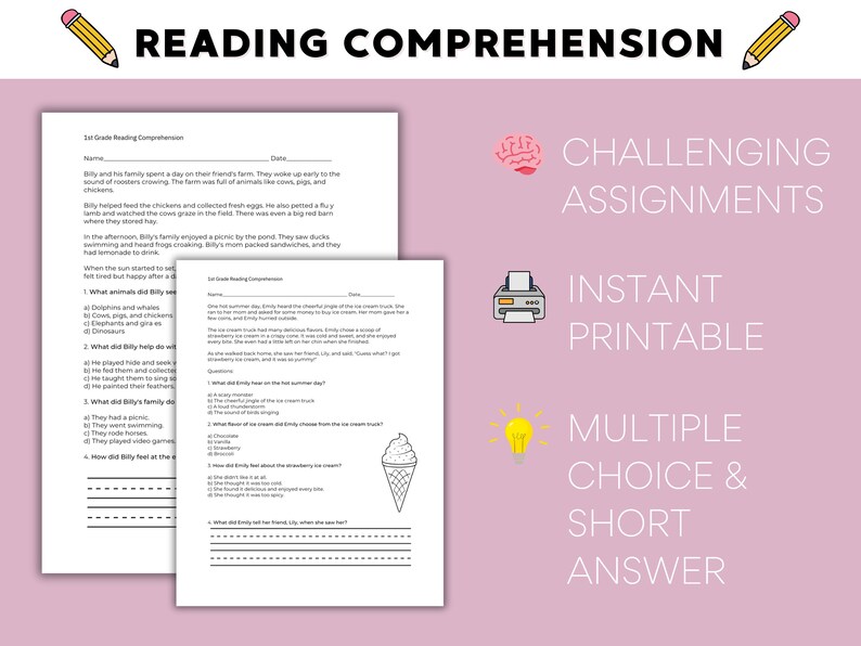 1st Grade Reading Comprehension Bundle 15 Pages + Bonus Sight Word ...