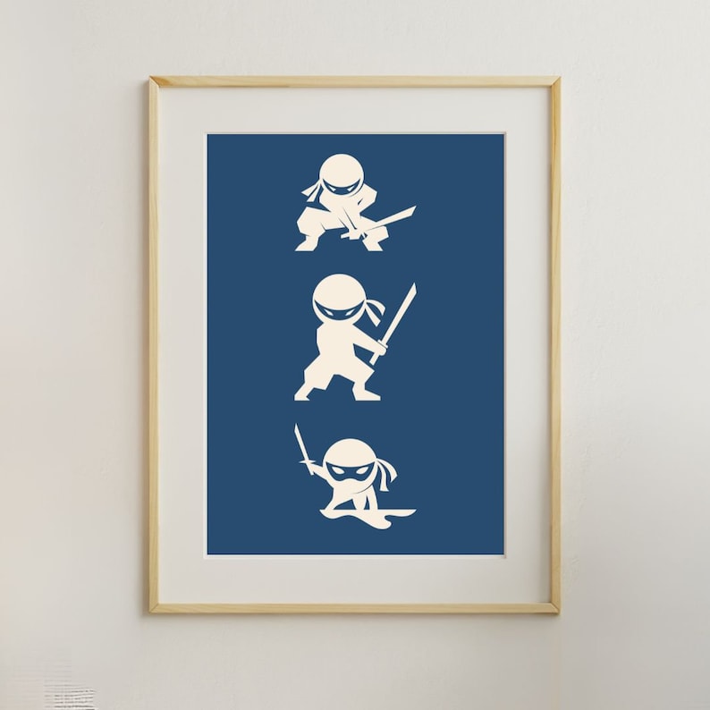Set of 2 - Ninja Wall Art Boys Room - Blue Ninja Trio - DIGITAL ART ...