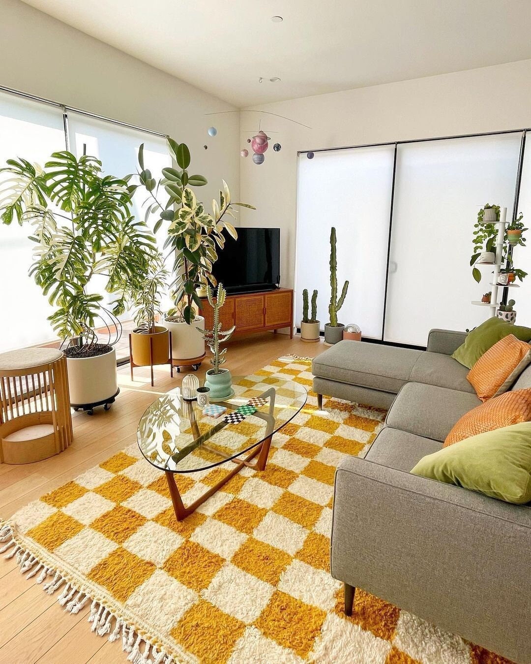 Large Yellow and White Checkered Rug, Moroccan Berber Checkered Rug ...