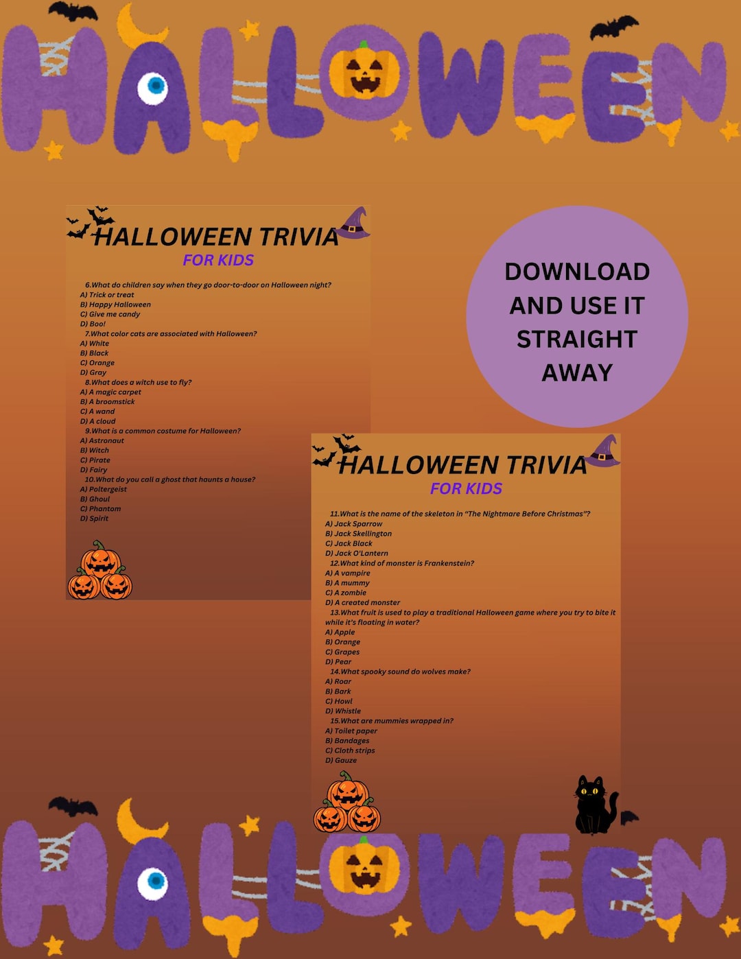 Halloween Kids Trivia Printable | Digital Download | Fun Party Game for ...