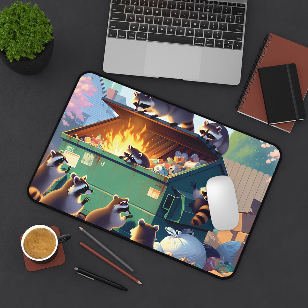 Spring Racoon Dumpster Fire Desk Mat, 12" X 18" Funny Animals Mouse Pad ...