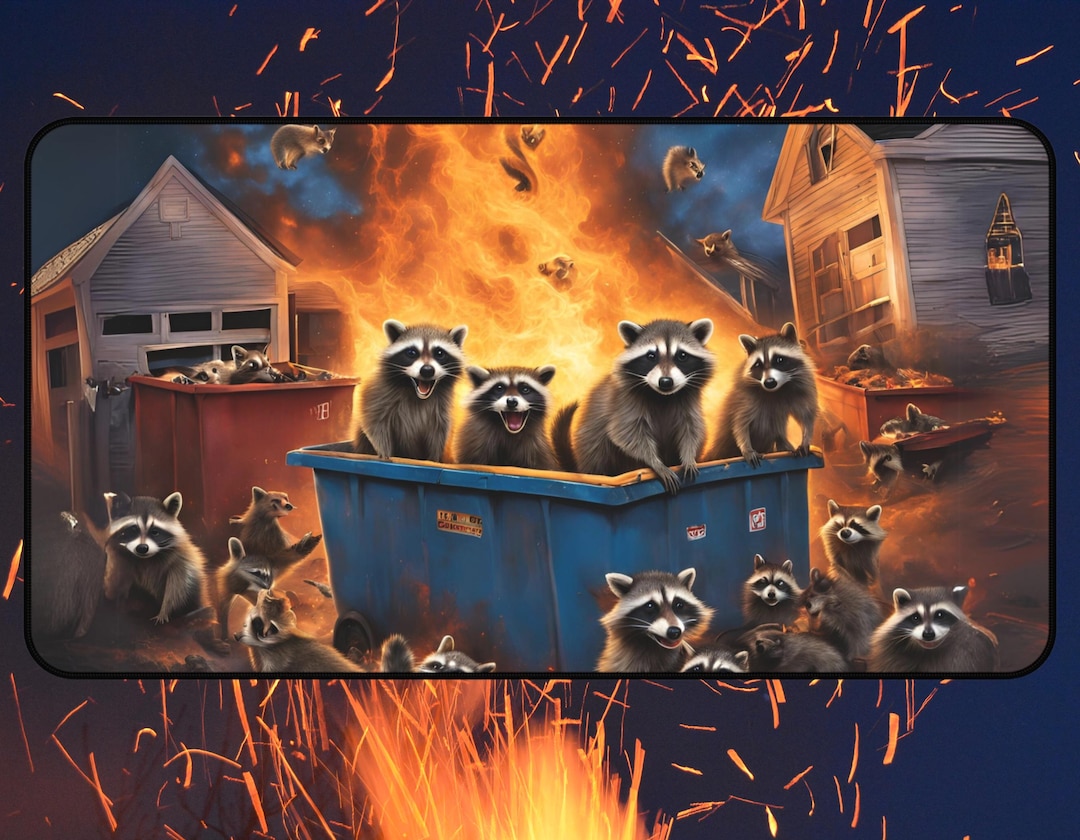 Cute Racoon Dumpster Fire Desk Mat Mouse Pad, Funny Animals, Dorm Room ...