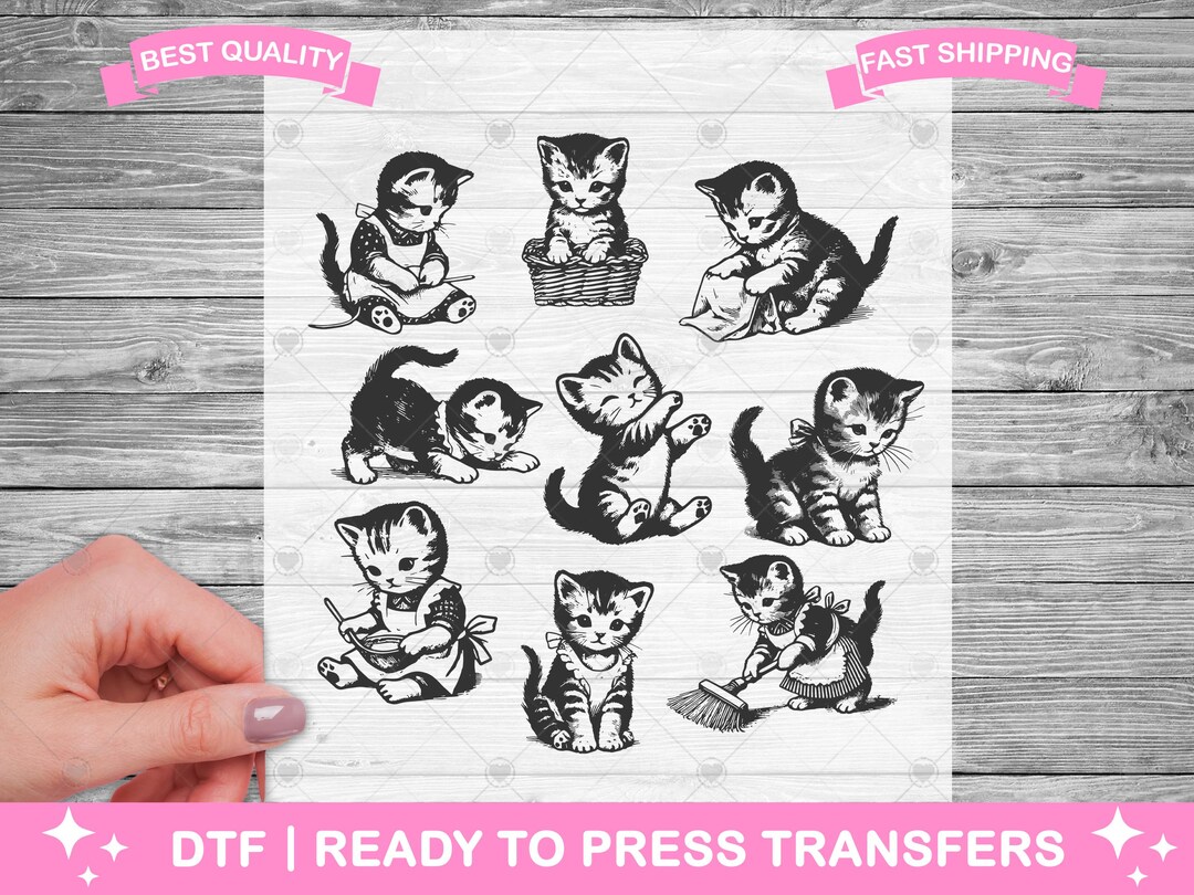 Cute Vintage Retro Cats Kittens DTF Transfers, DTF Prints, Ready to ...