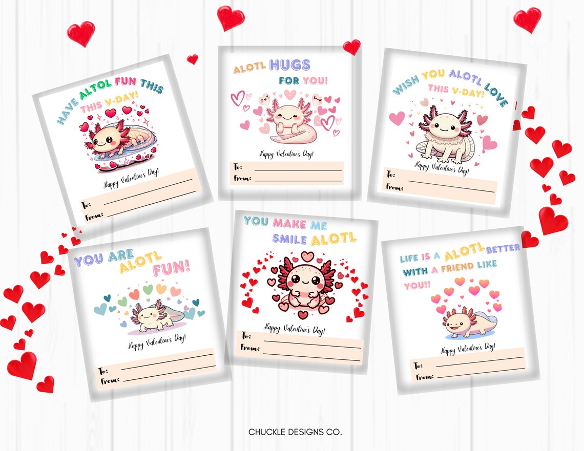 Printable Axolotl Kids Valentine's Day Cards, Valentine's Day Cards for ...